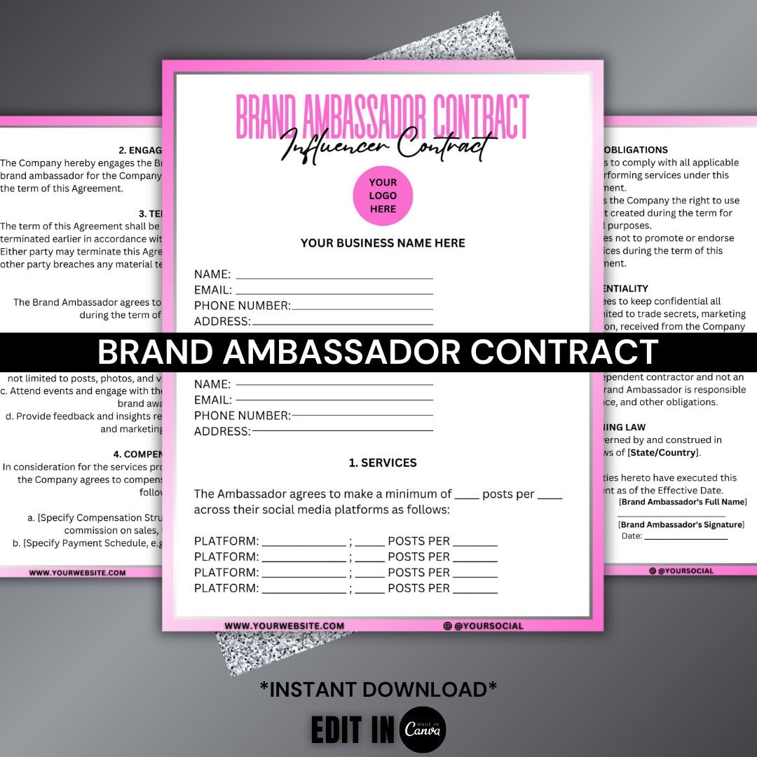 Brand Ambassador Contract Template: Canva Editable (digital Download ...