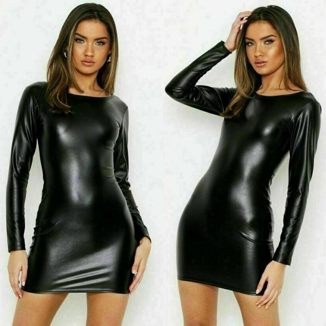 Ladies Bodycon Pvc Dress Wet Look Long Sleeve Mini Top - Etsy UK