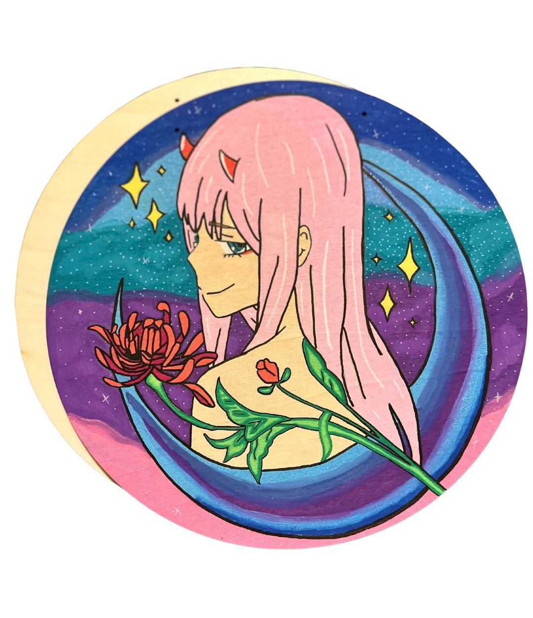 Hand Drawn/painted Zero Two Anime Wall/door Hanger Decor Moon Night Sky ...