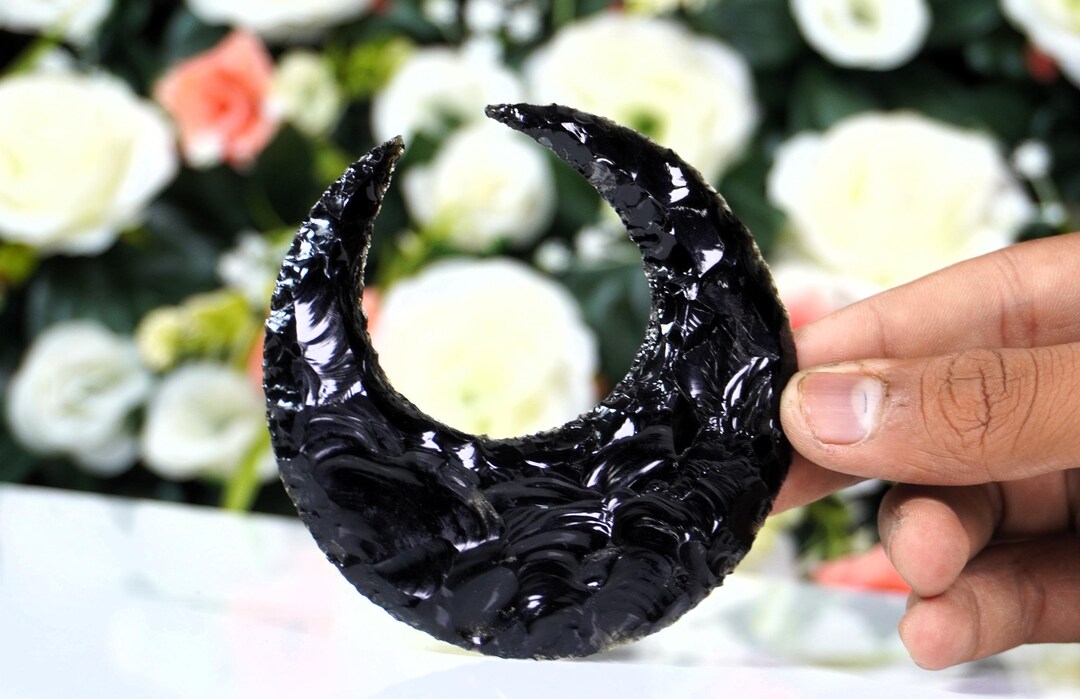 Handcrafted Obsidian Crescent Moon | 4 Inch Healing Crystal Decor - Etsy