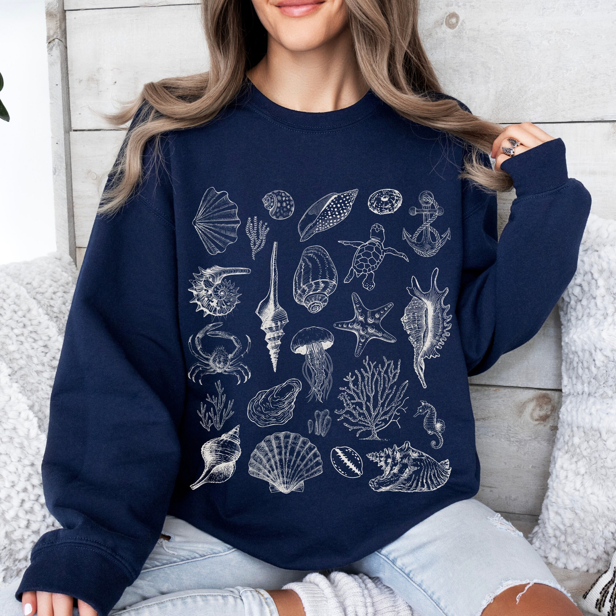 Beach Sweatshirt Seashells Crewneck Ocean Pullover Coastal Aesthetic ...