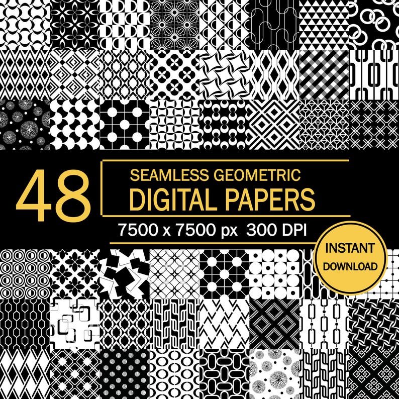 Black and White Geometric Patterns, Seamless Digital Papers, (25x25 ...