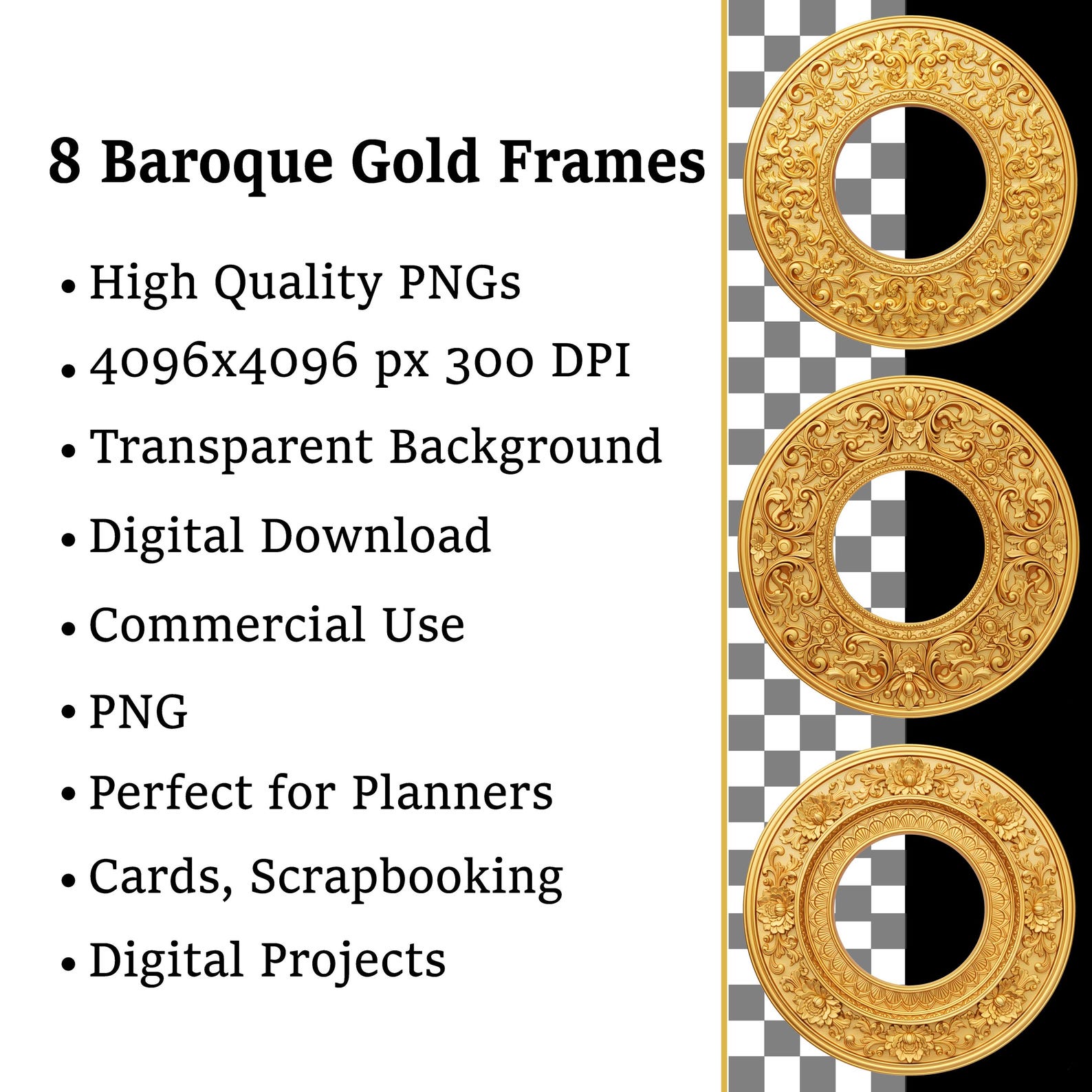8 Antique Gold Round Frames PNG, Ornate Floral Circle Clipart ...