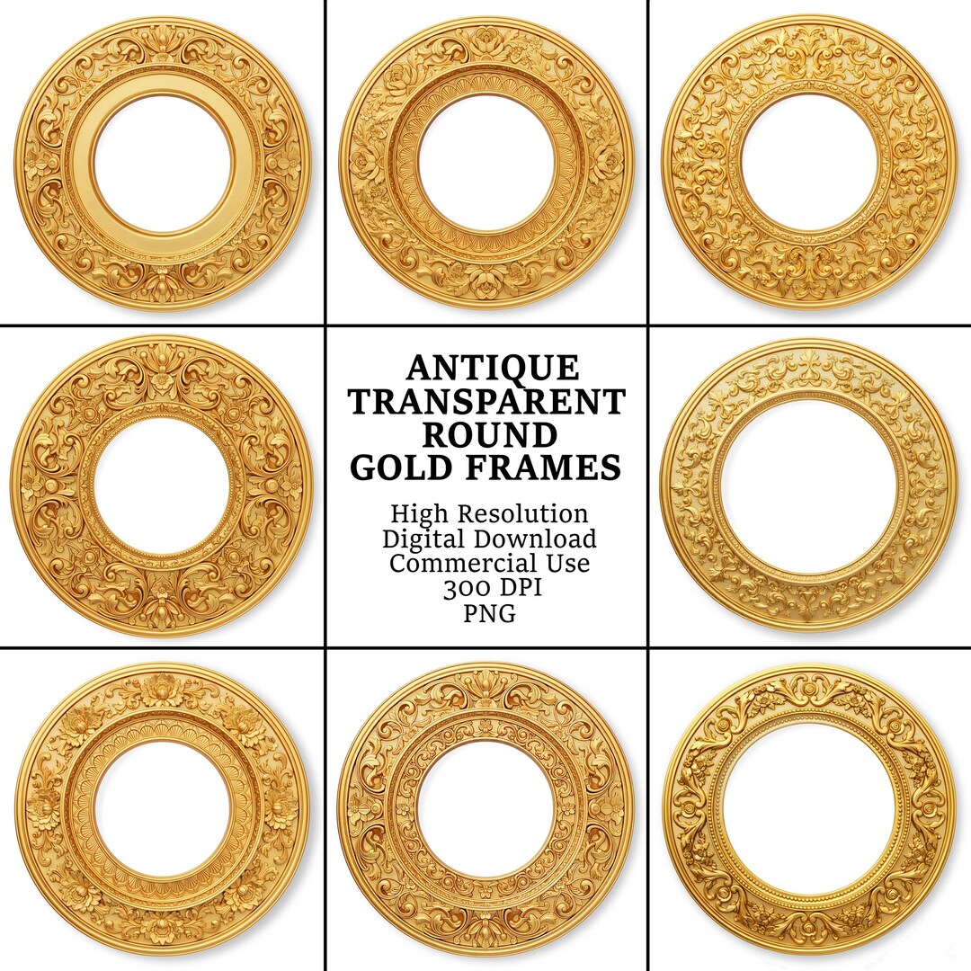8 Antique Gold Round Frames PNG, Ornate Floral Circle Clipart ...