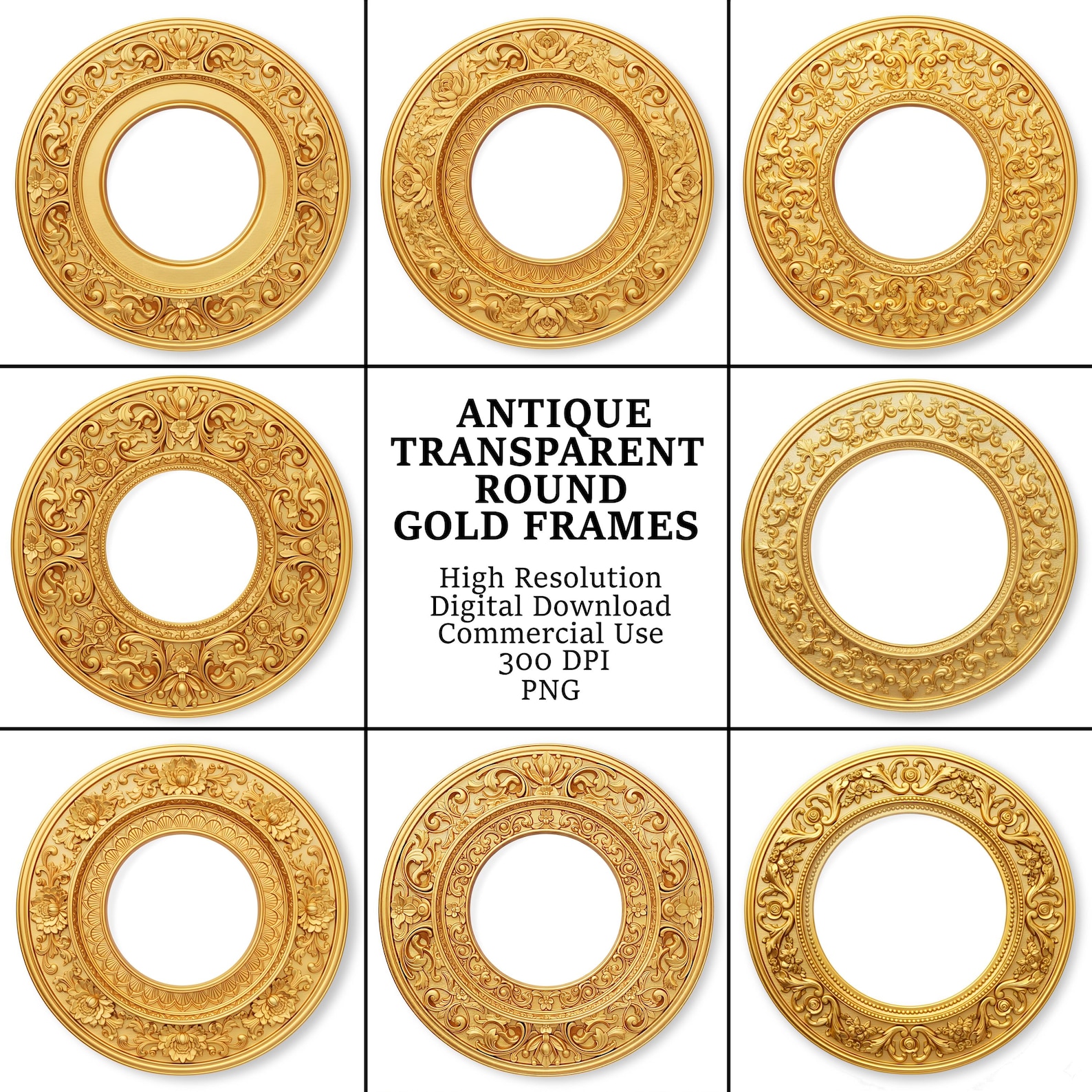 8 Antique Gold Round Frames PNG, Ornate Floral Circle Clipart ...