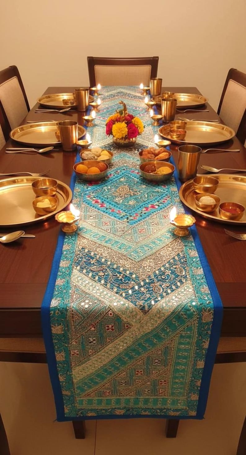 Handmade Patchwork Table Runner: Embroidered Indian Sari, 60" X 12" - Etsy