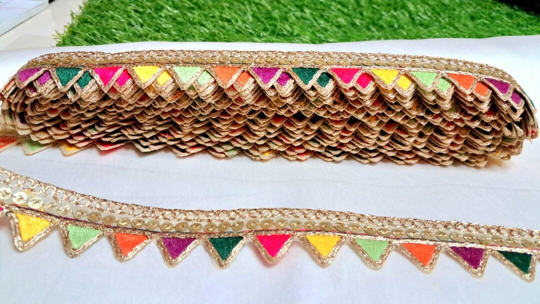 Handcrafted Golden Triangle Lace Trim | Multicolor Embroidered ...