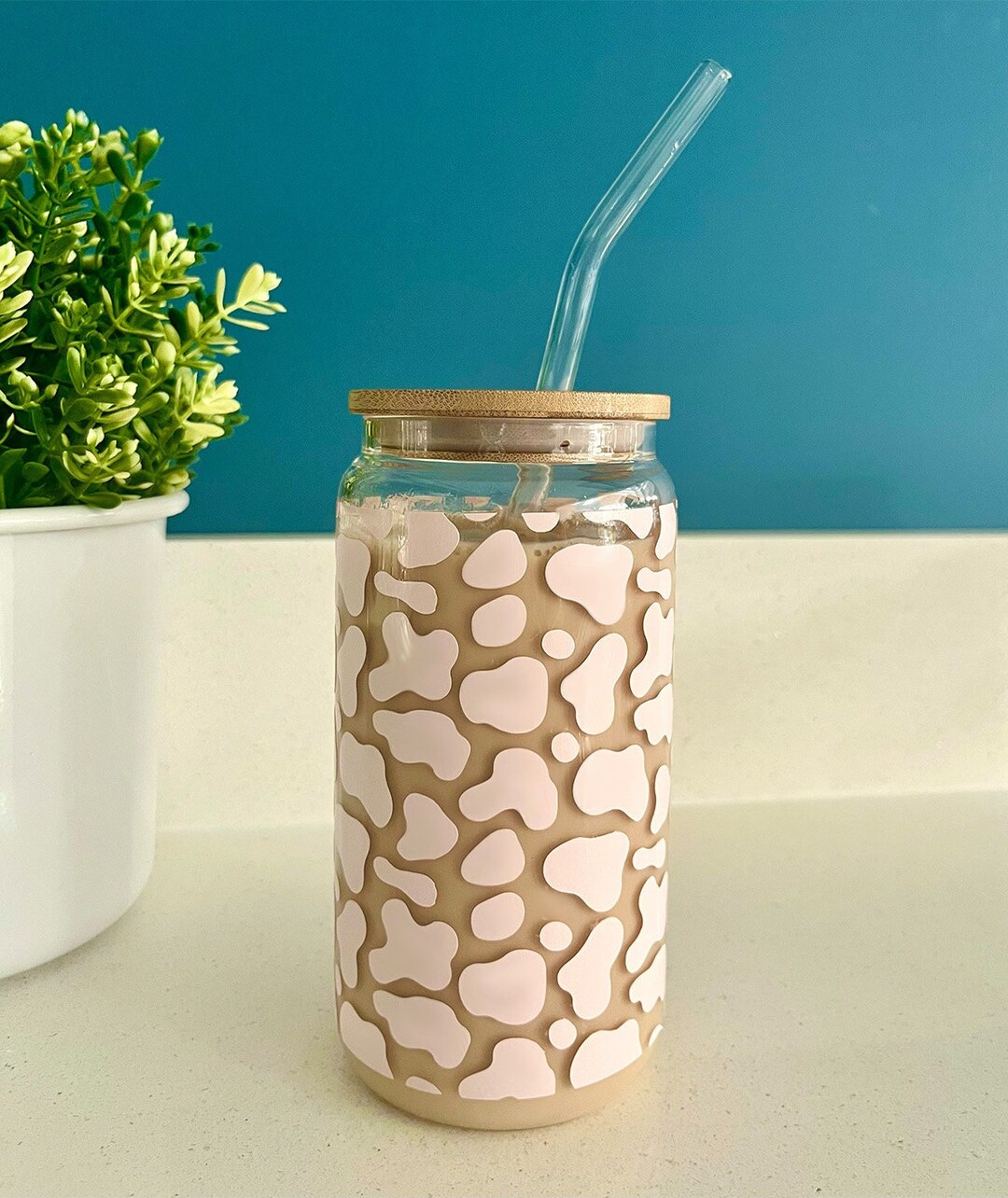 Cow Print Glass Drink Cup With Bamboo Lid and Straw Made to - Etsy
