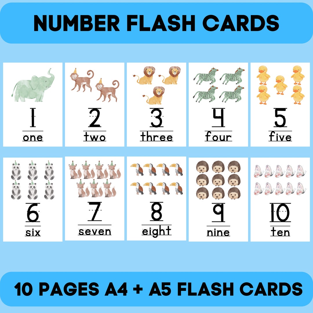 Animal Themed Numbers Flash Cards, Montessori Flash Cards Pdf, Count ...