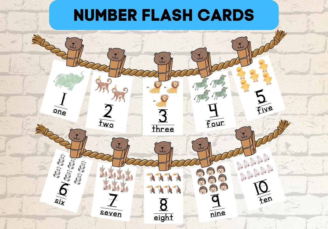 Animal Themed Numbers Flash Cards, Montessori Flash Cards Pdf, Count ...