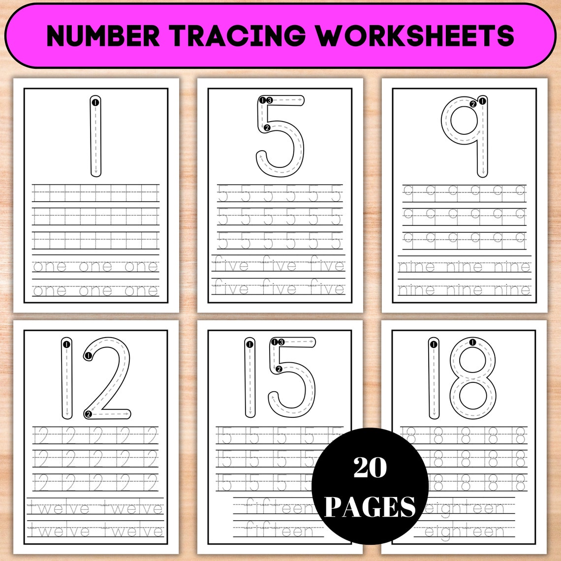 Tracing Numbers Worksheet, Numbers Handwriting Practice, 1 to 20 Basic ...