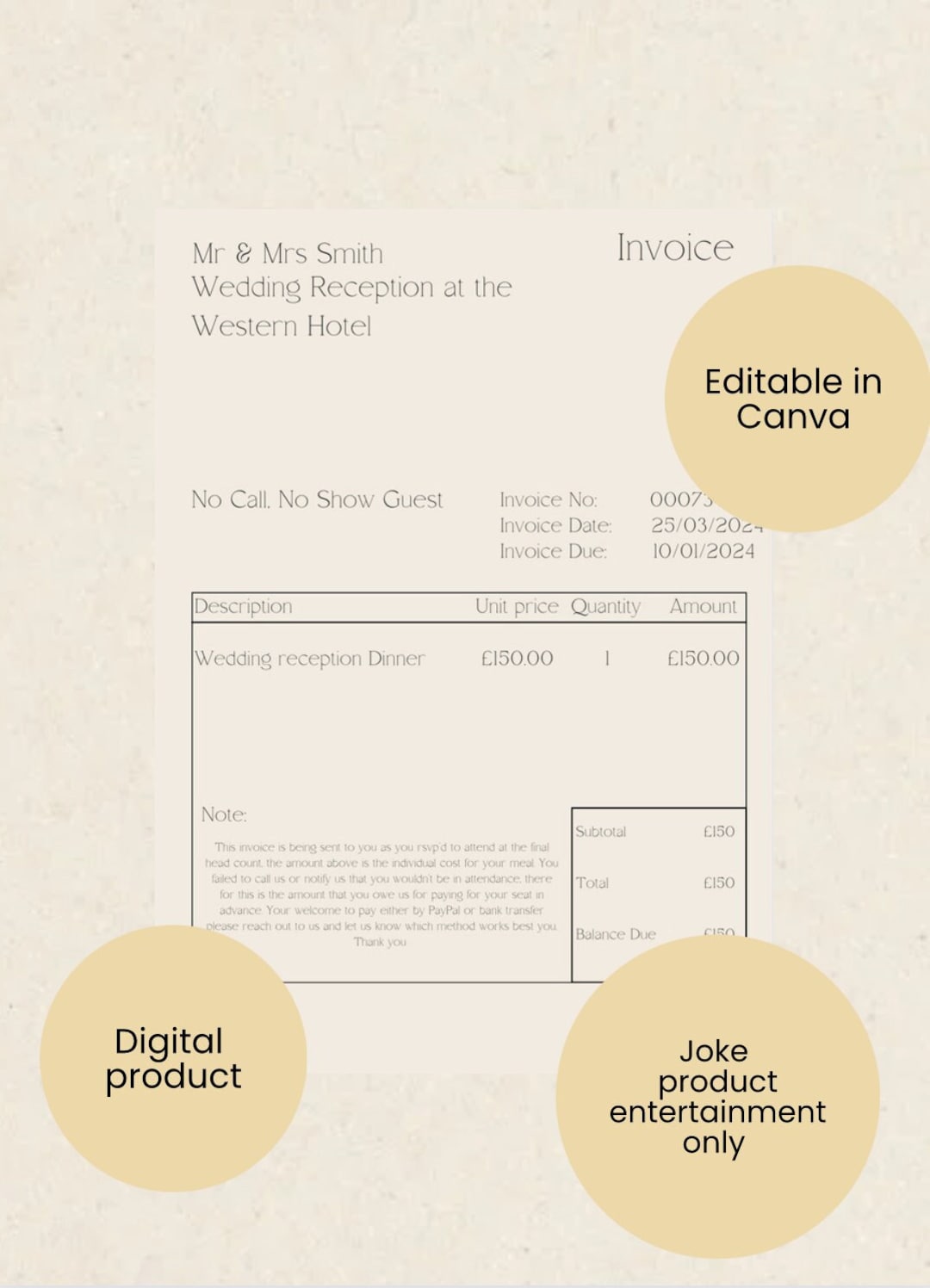 Prank Invoice for Wedding Guests That Don’t Turn Up, Prank - Etsy