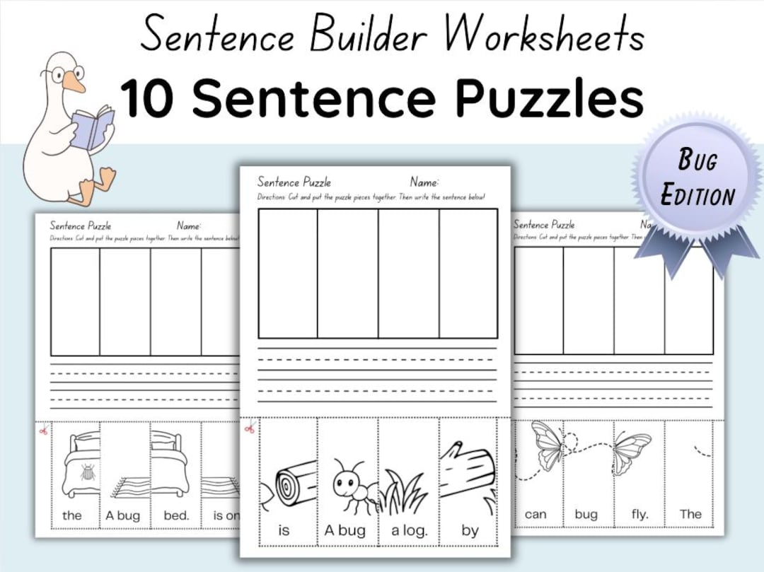 Bug Sentence Builder Worksheets: CVC & Sight Words Cut and Paste ...