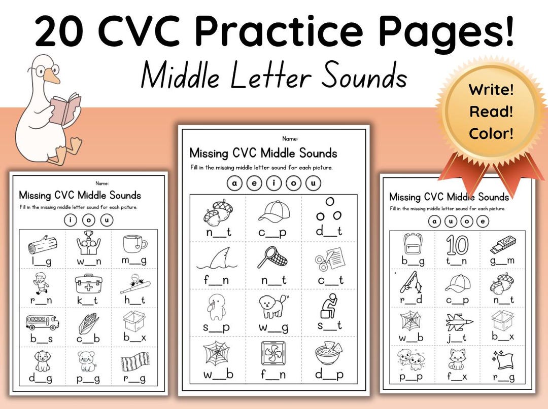 Missing Middle Letter Sounds CVC Worksheets—phonics Practice for ...