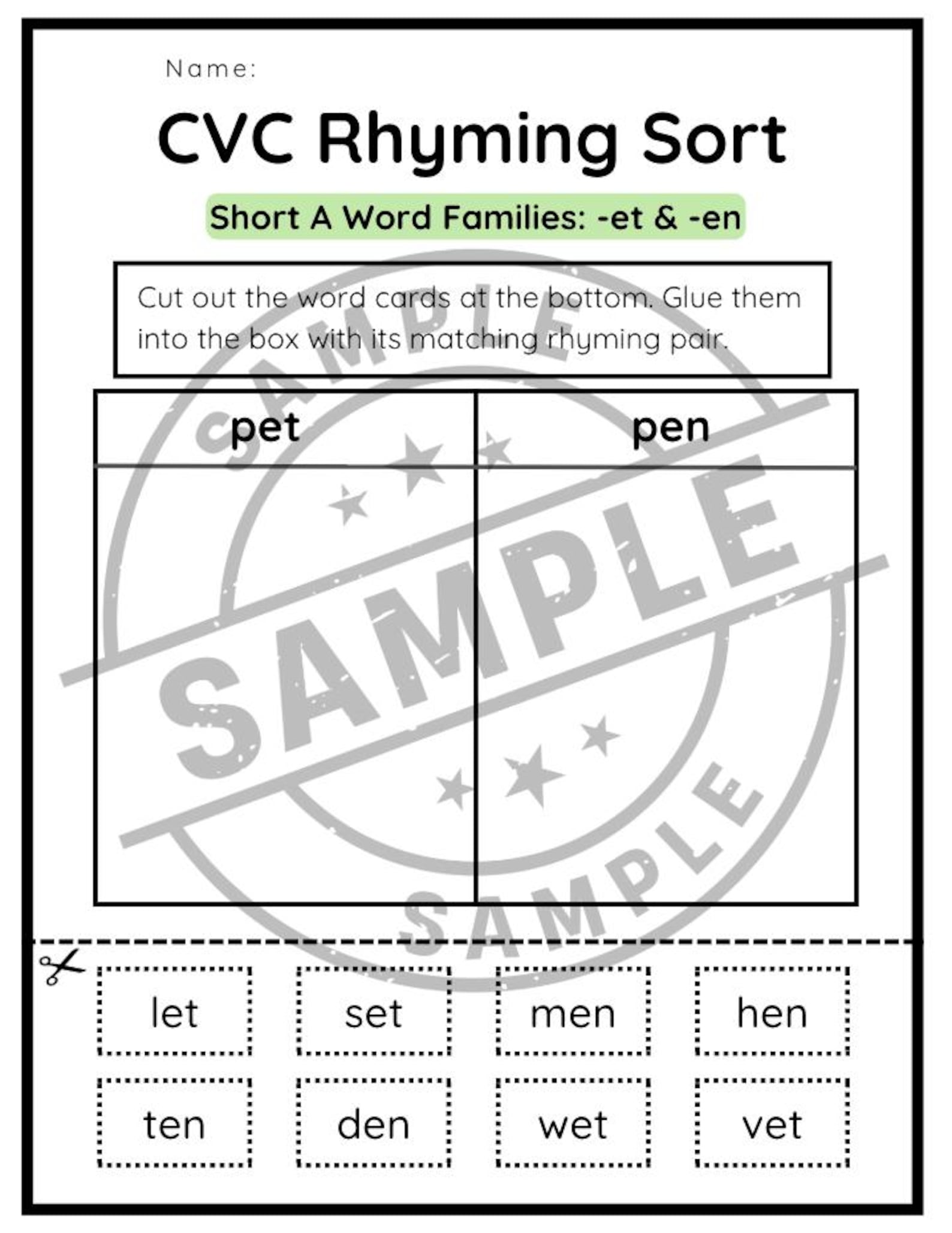 CVC Rhyming Word Family Worksheets | 12 Cut & Paste Pages - Etsy