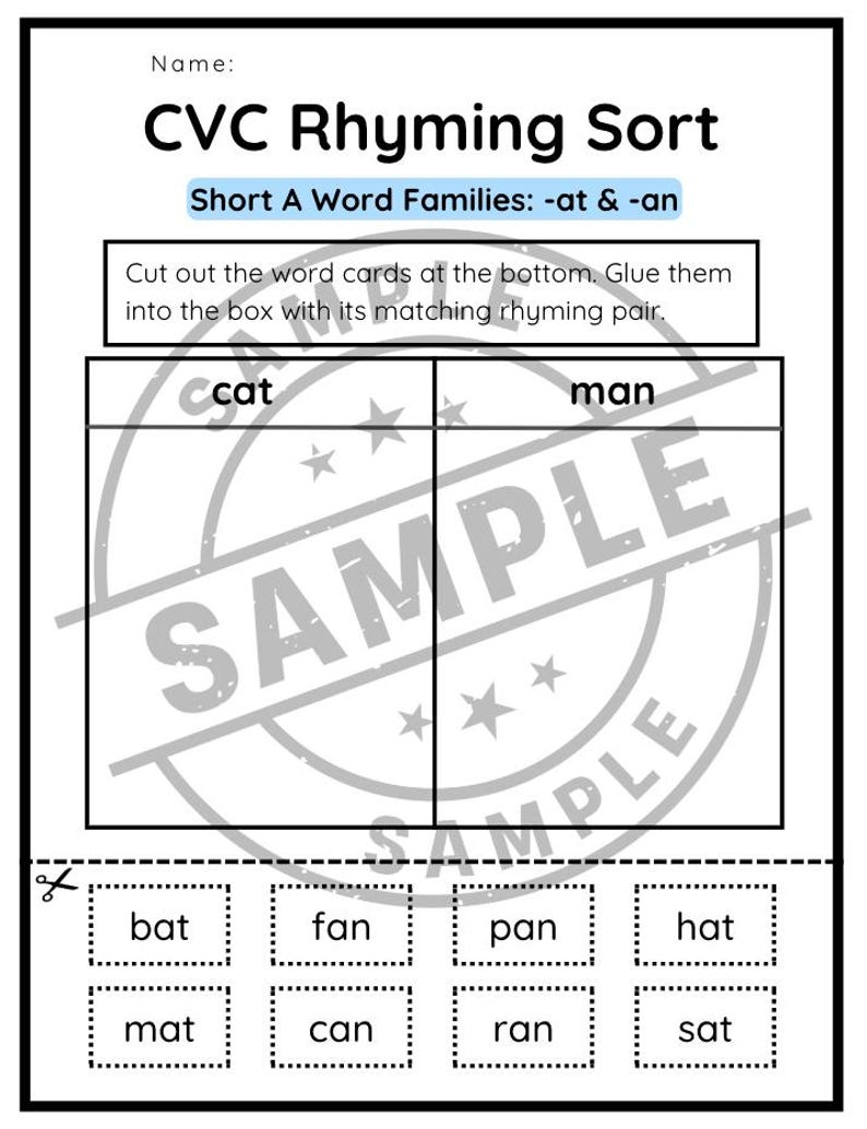 CVC Rhyming Word Family Worksheets | 12 Cut & Paste Pages - Etsy