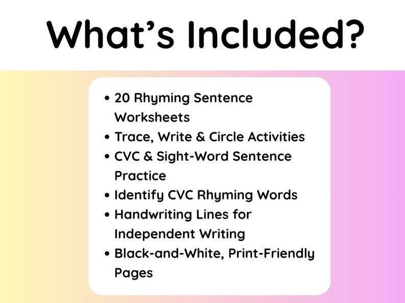 20 Rhyming CVC Sentence Worksheets—trace, Write & Identify Rhyming ...