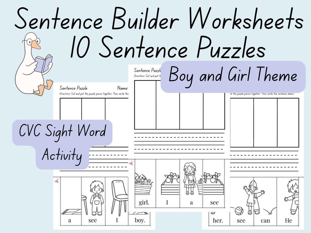 Sentence Builder Worksheets Boy and Girl Edition | CVC & Sight Word ...