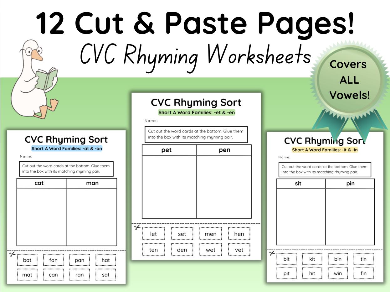 CVC Rhyming Word Family Worksheets | 12 Cut & Paste Pages - Etsy