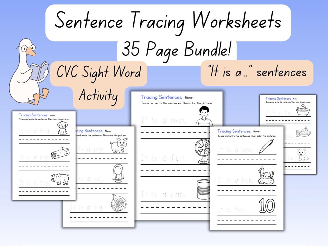 CVC Sentence Tracing Worksheets | 35 Printable Phonics & Sight Word ...