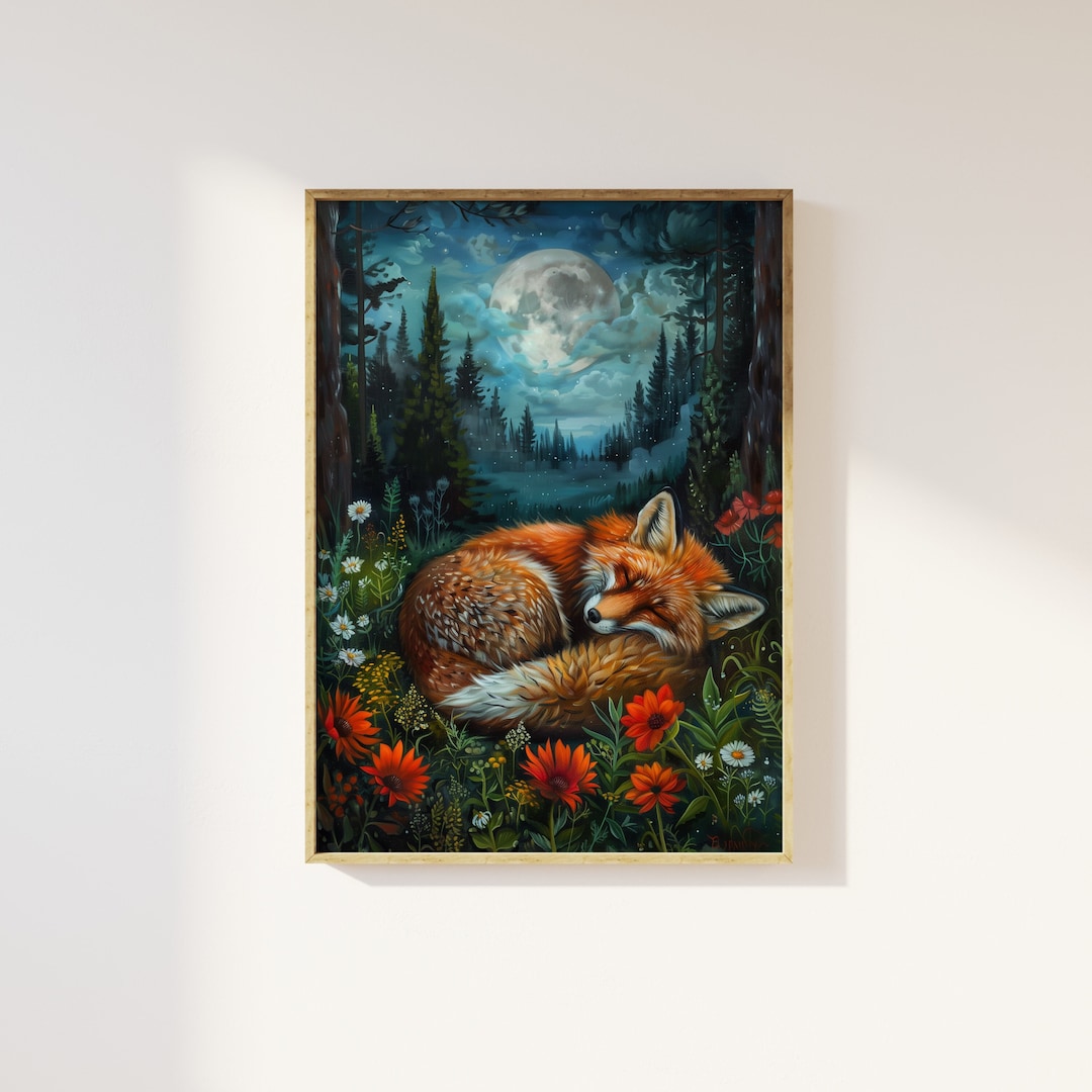Fox Asleep Under the Full Moon Art Print | Celestial Woodland Art, Moon ...
