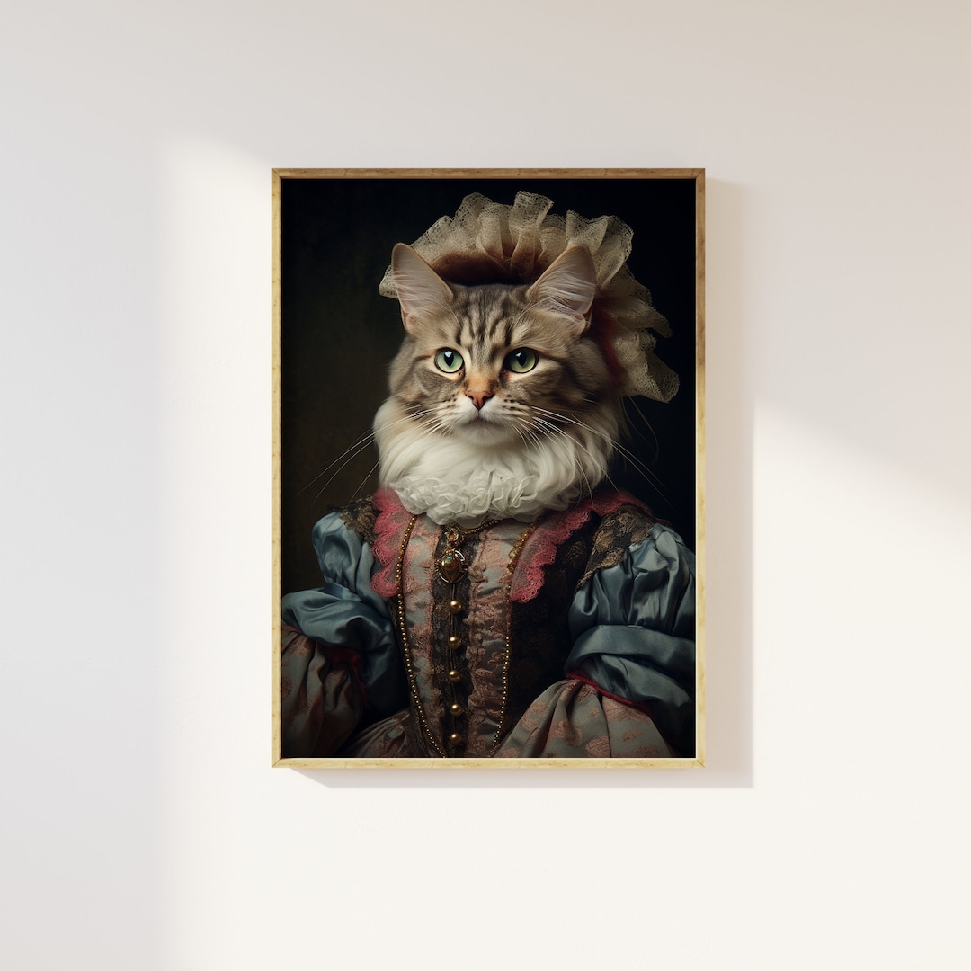 Cat Renaissance Animal Portrait Art Print Oil Painting Vintage Style ...
