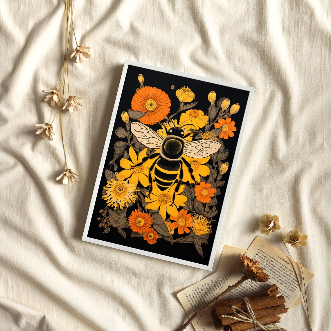 Bee and Flowers Vintage Block Print Style Art Print | Bumble Bee ...