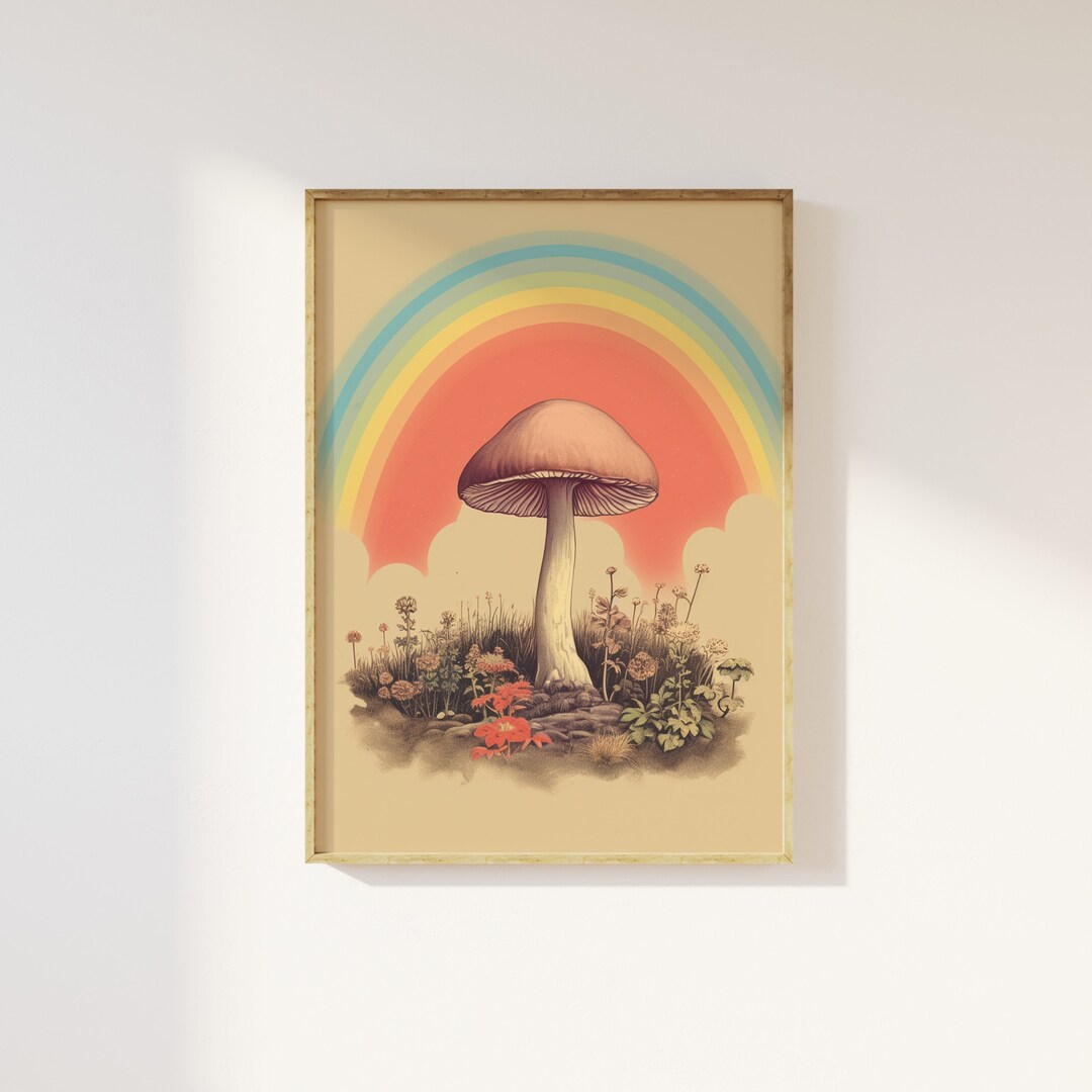 Retro Rainbow and Mushroom Art Print | Neutral Muted Colours ...