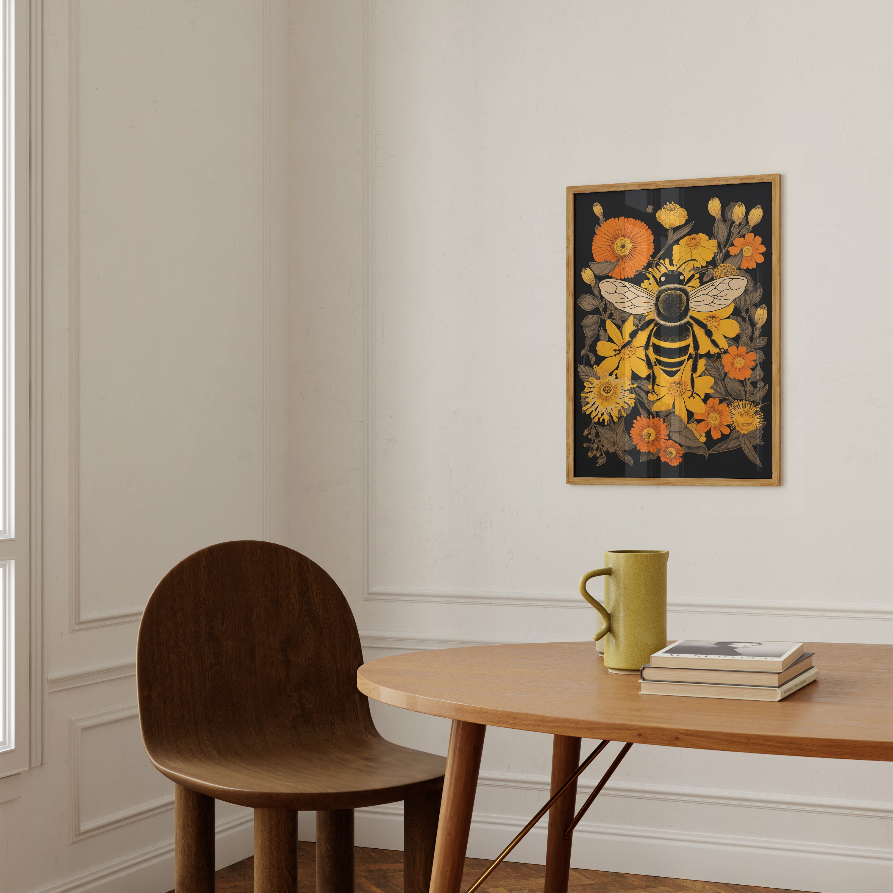 Bee and Flowers Vintage Block Print Style Art Print | Bumble Bee ...