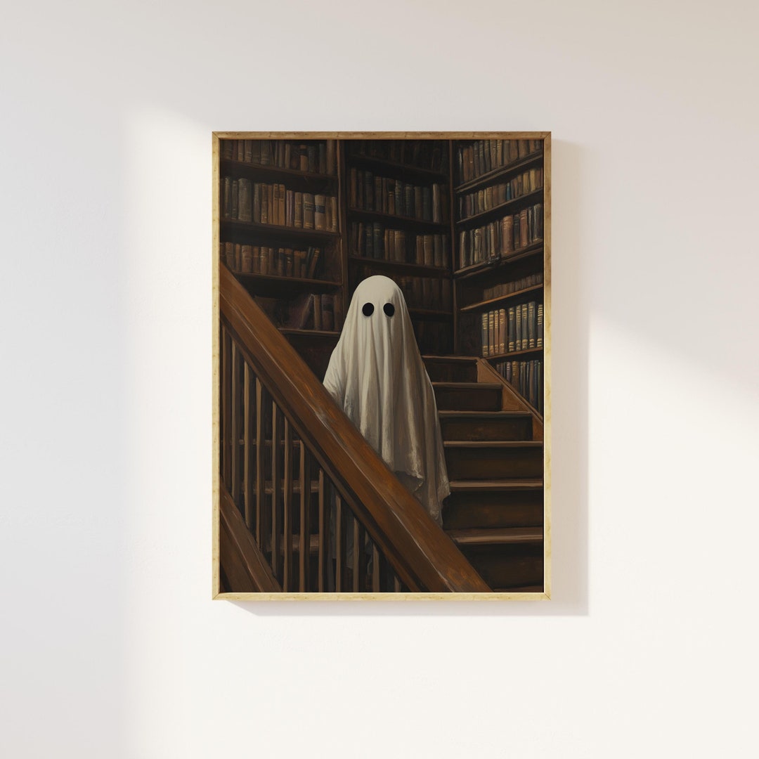 Ghost on Staircase in Library Wall Art Print | Moody Dark Academia ...