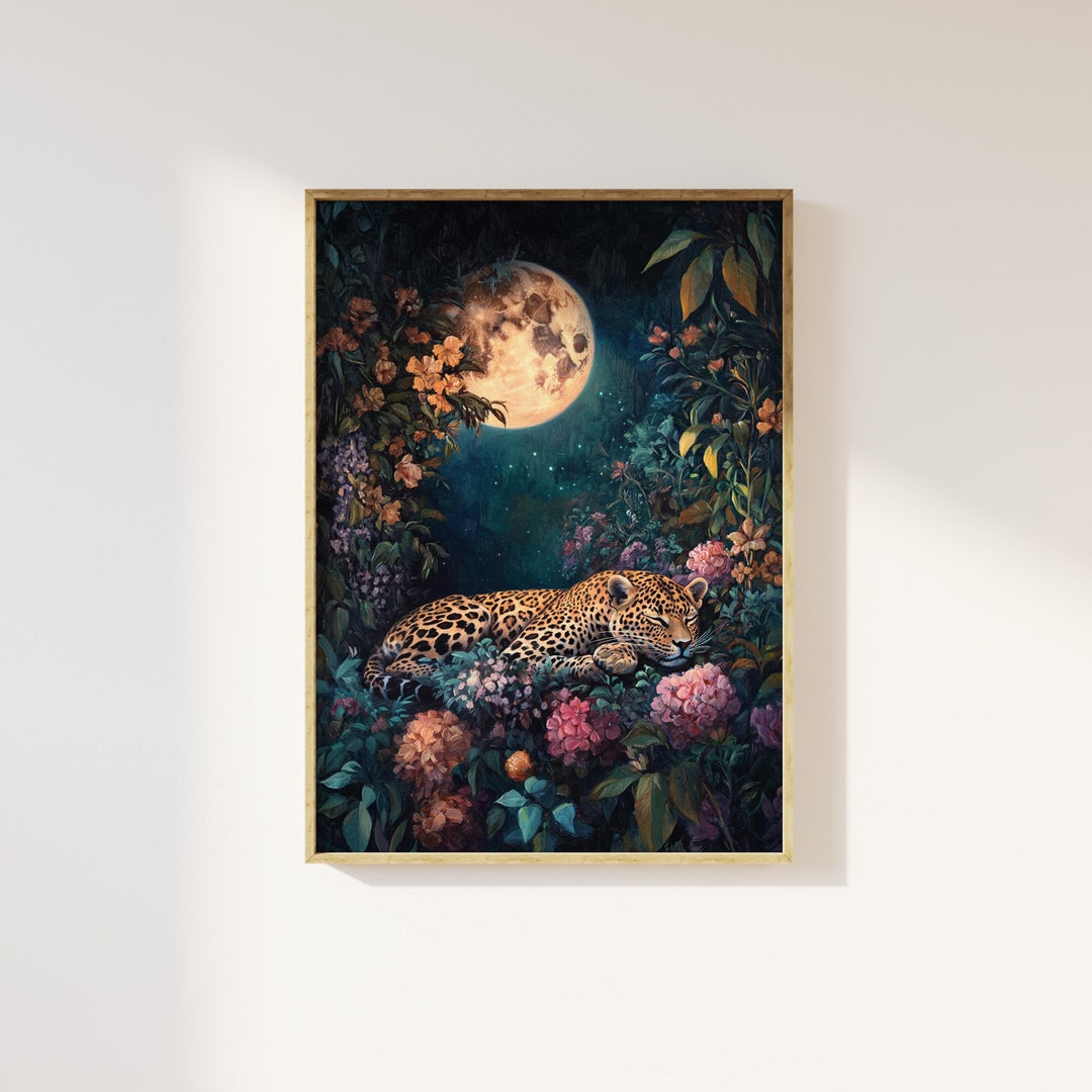 Leopard Sleeping in Flower Bed Under Full Moon Art Print | Enchanting ...