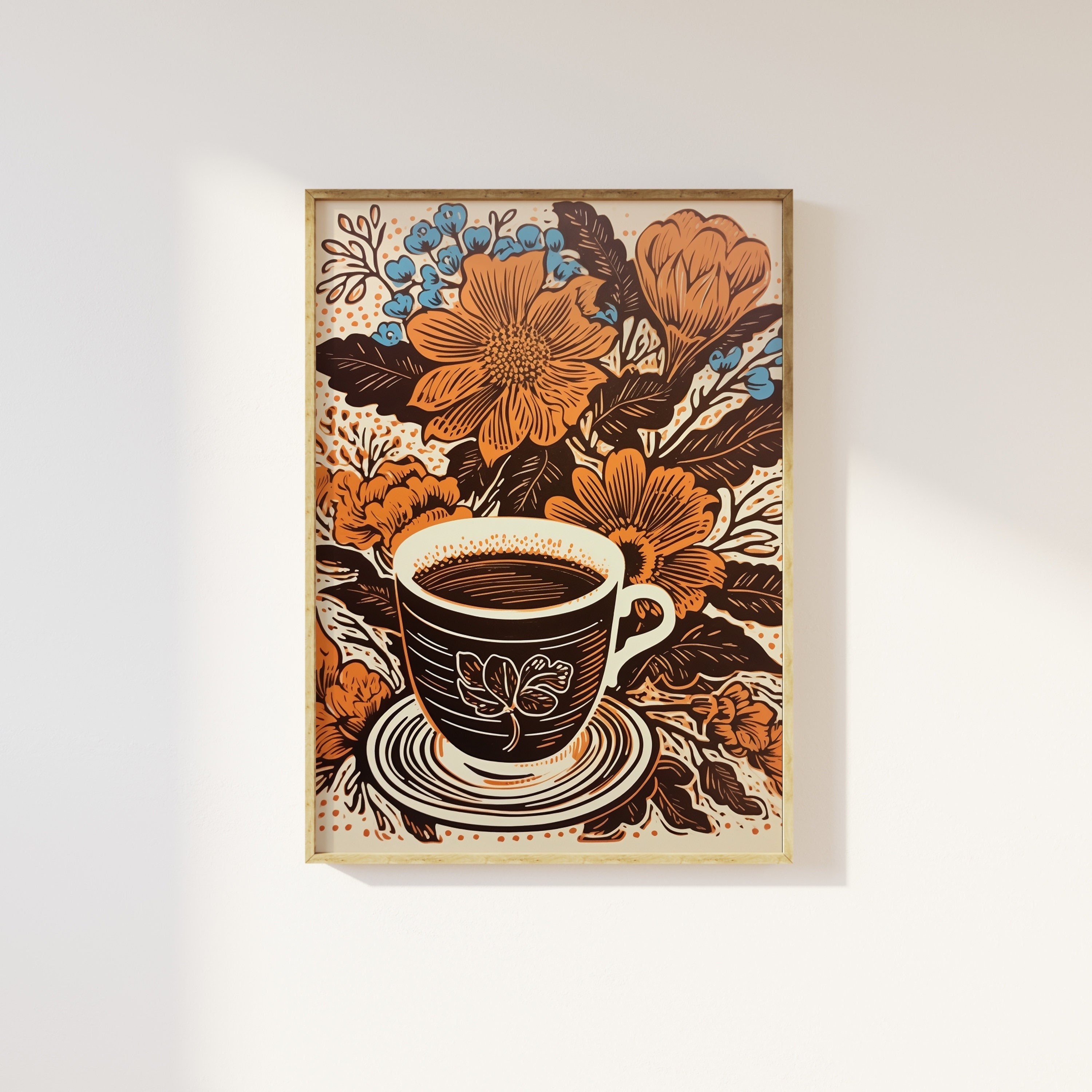 70s Retro Flowers and Coffee Cup Aesthetic Block Art Print | 60s 70s ...