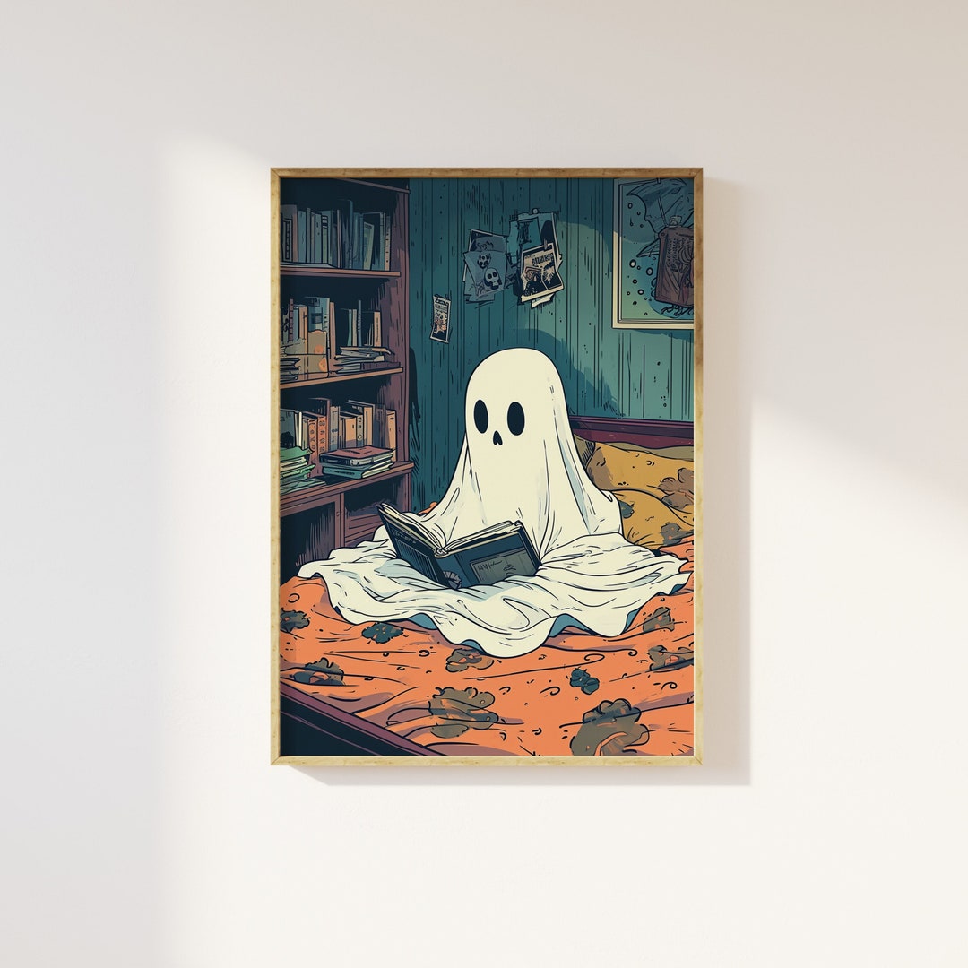 Cute Ghost Reading a Book in Bed Art Print | Cute Spooky Funny Ghost ...