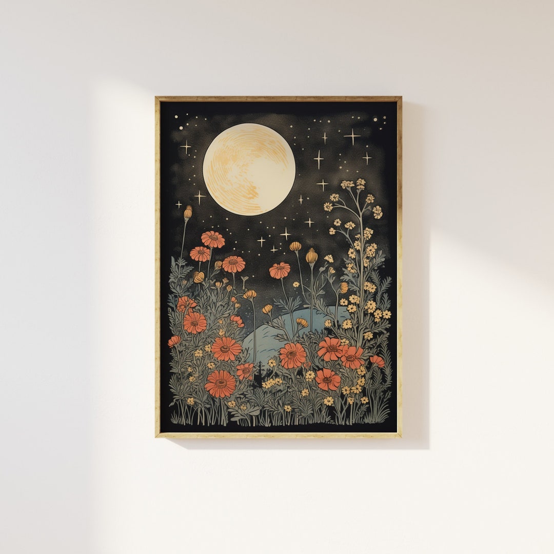 Moon and Flowers Vintage Block Print Style Art Print | Mystical Celestial, Cottagecore Flowers ...