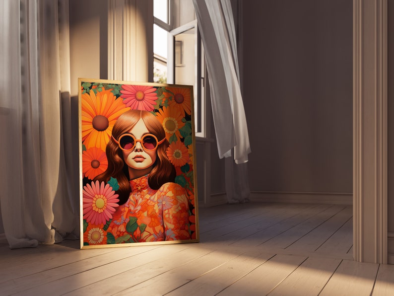1970s Style Woman and Flowers Art Print 70s Style Aesthetic - Etsy