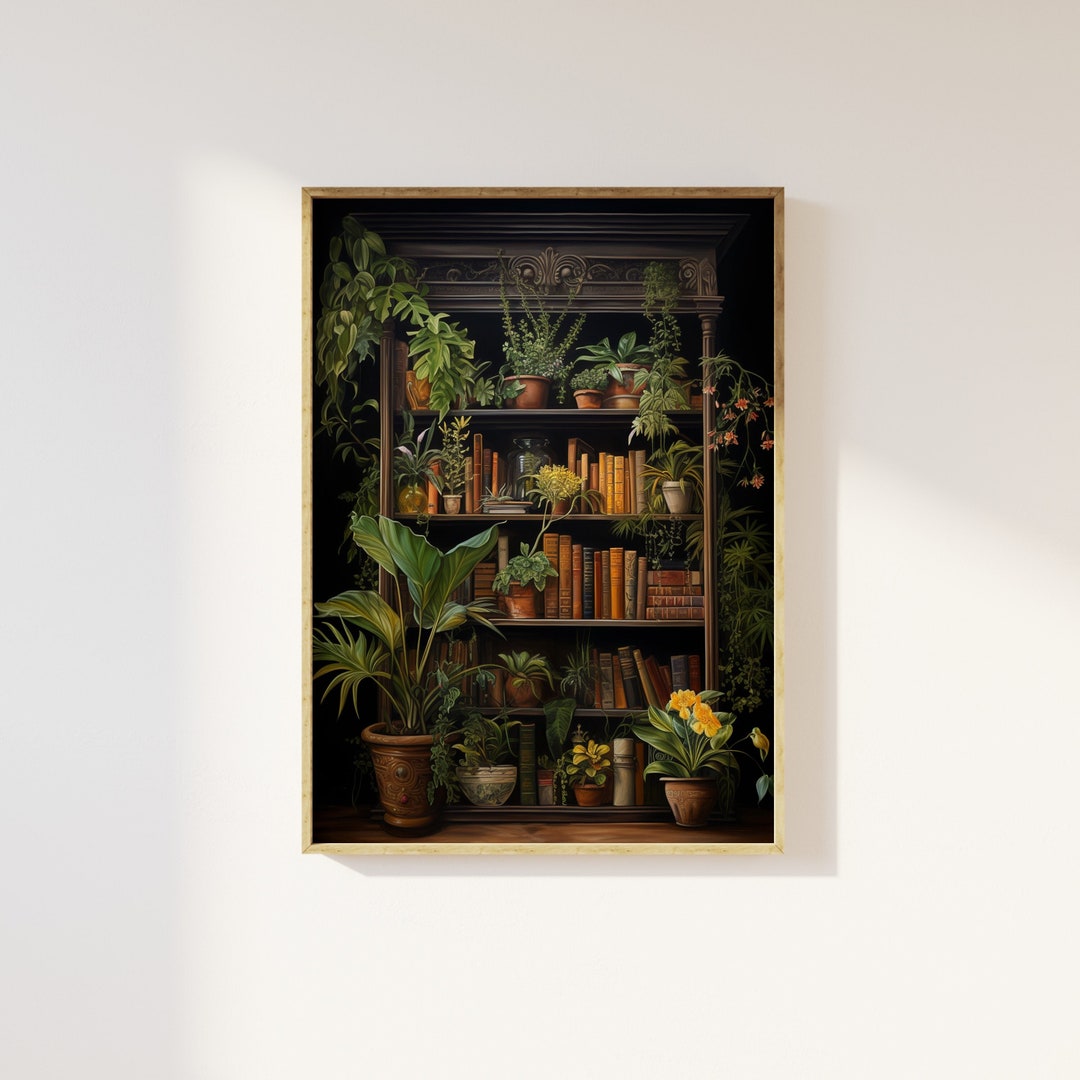 Dark Academia Bookcase and Plants Art Print | Moody Enchanting ...