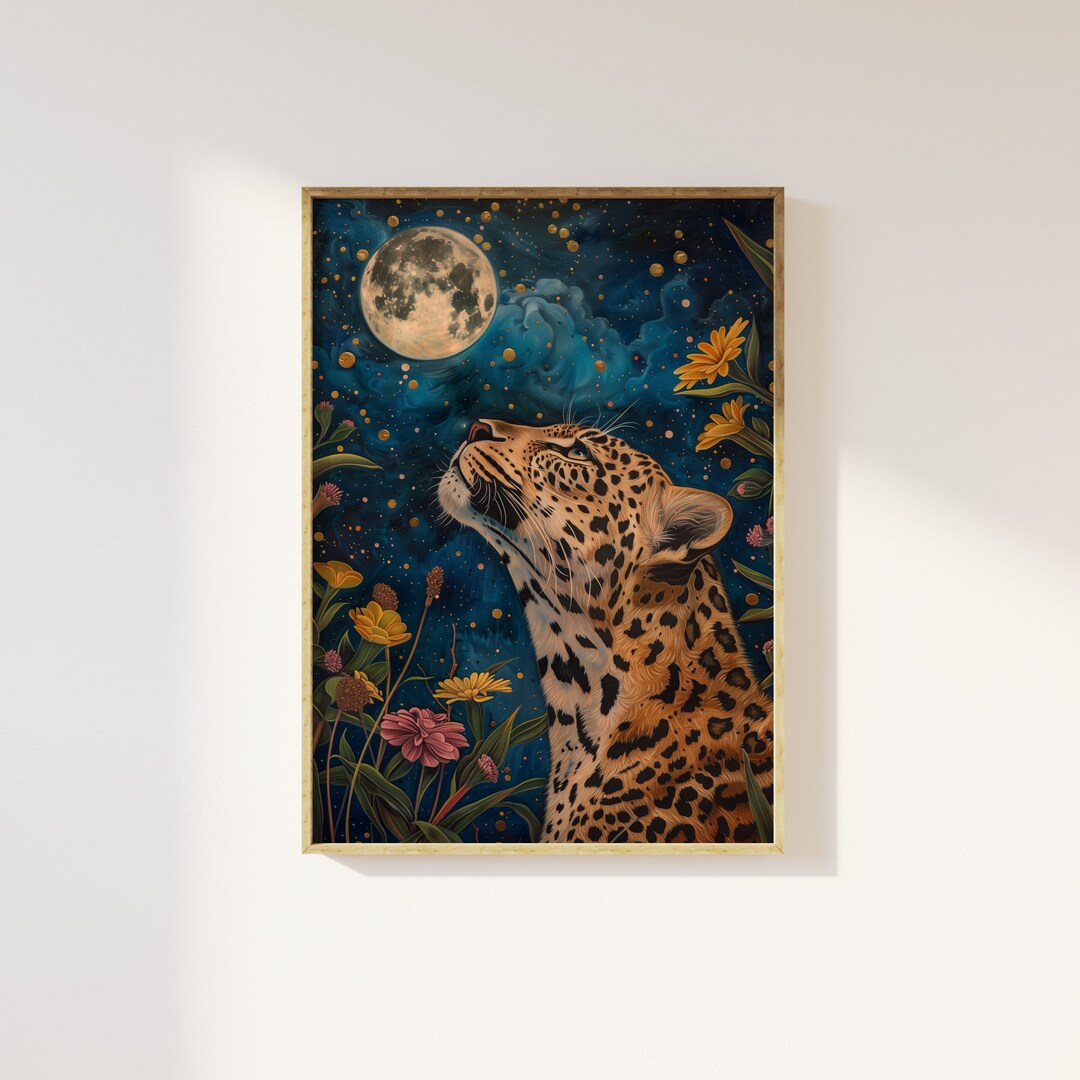 Leopard in the Wildflowers Gazing at the Full Moon Art Print Beautiful ...