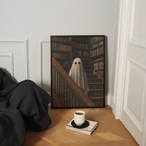 Ghost on Staircase in Library Wall Art Print | Moody Dark Academia ...