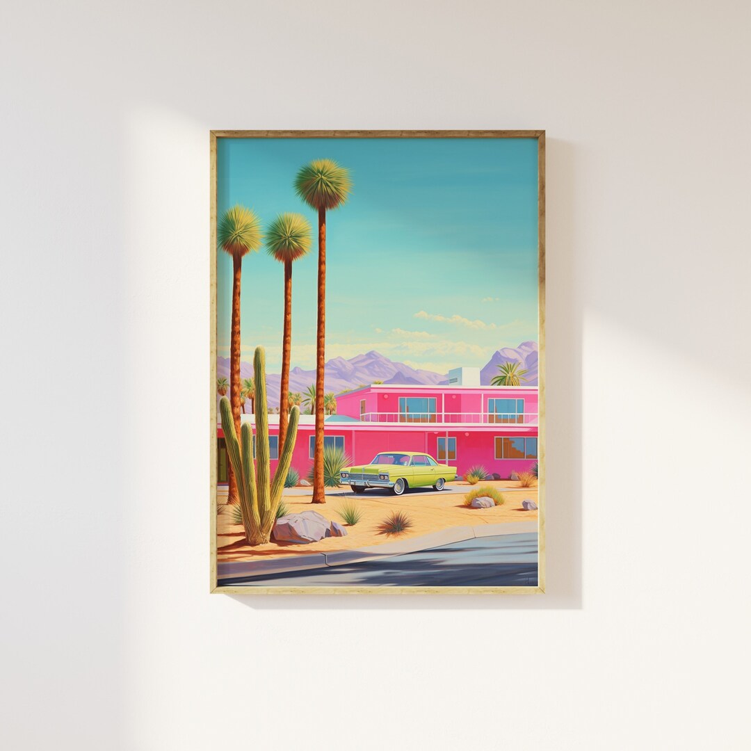Retro Colourful Desert Travel Poster | Retro Motel, Retro American Car ...