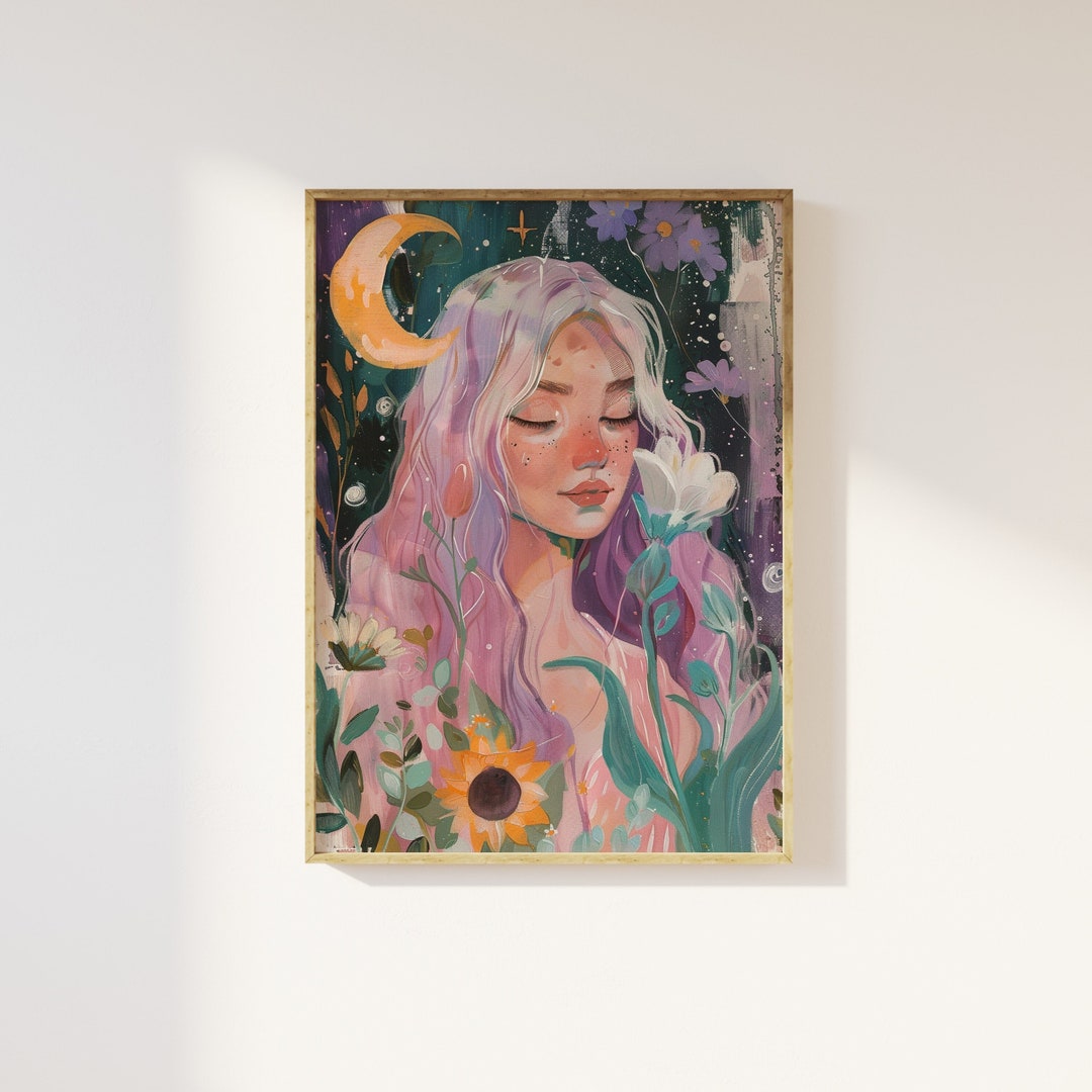 Ethereal Female and Crescent Moon Art Print | Floral Whimsical Moon Art ...