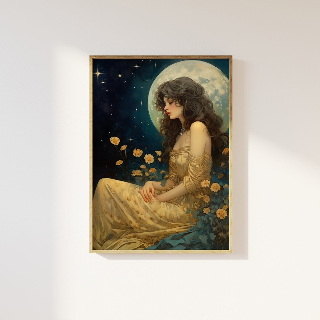 Female Under Beautiful Full Moon Vintage Style Art Print | Mystical Celestial, Cottagecore ...