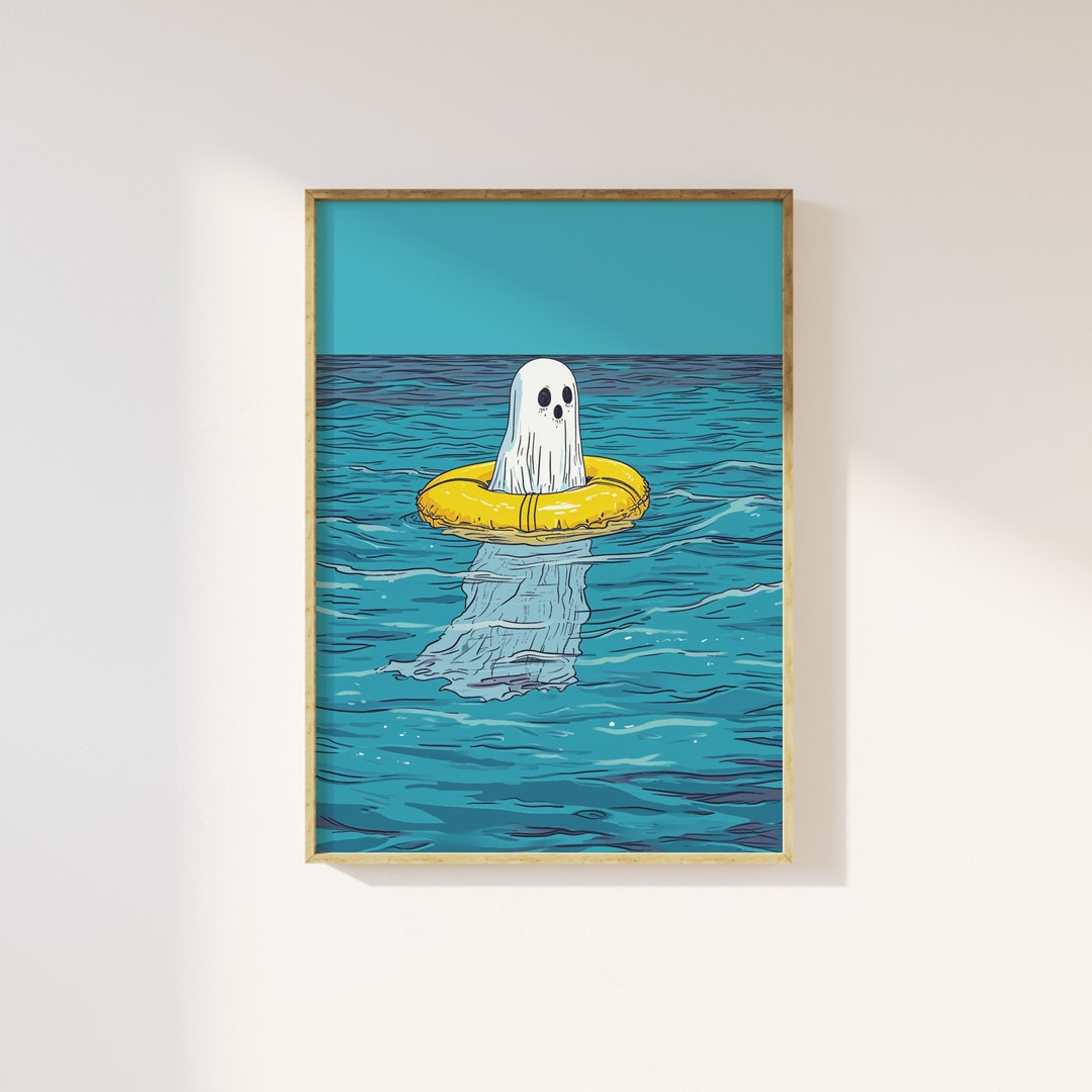 Cute Ghost in the Ocean With His Inflatable Ring Art Print | Cute ...