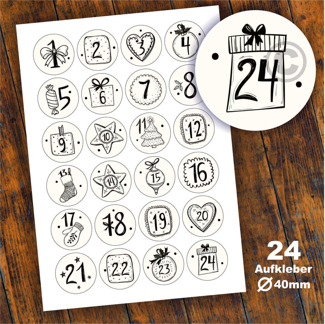 Adventskalender Zahlen, 24 Aufkleber, Vintage Etikett 4cm Weihnachten ...