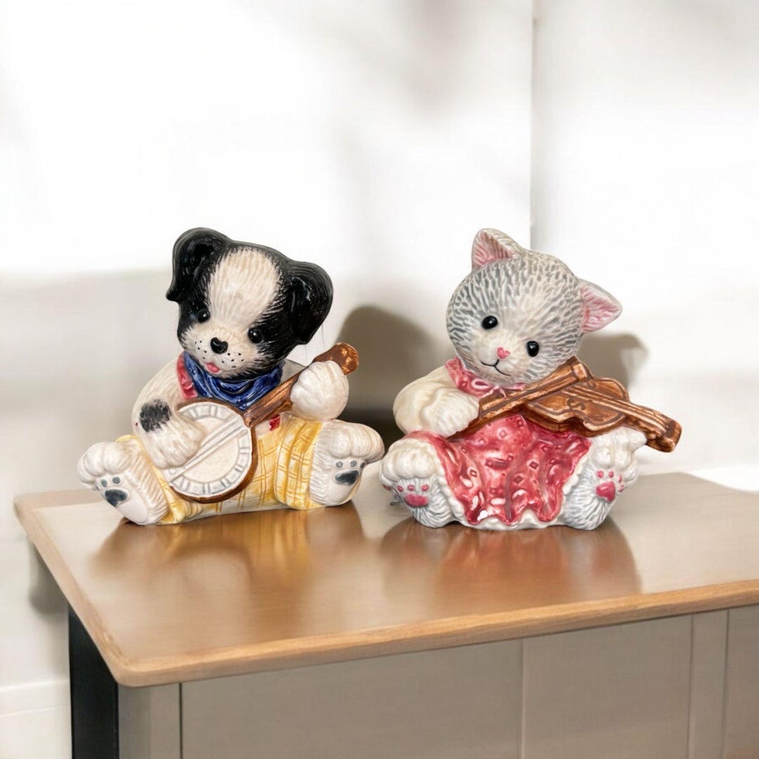 Vintage Enesco Adorable Woof and Meow Musician Salt and Pepper Shakers ...