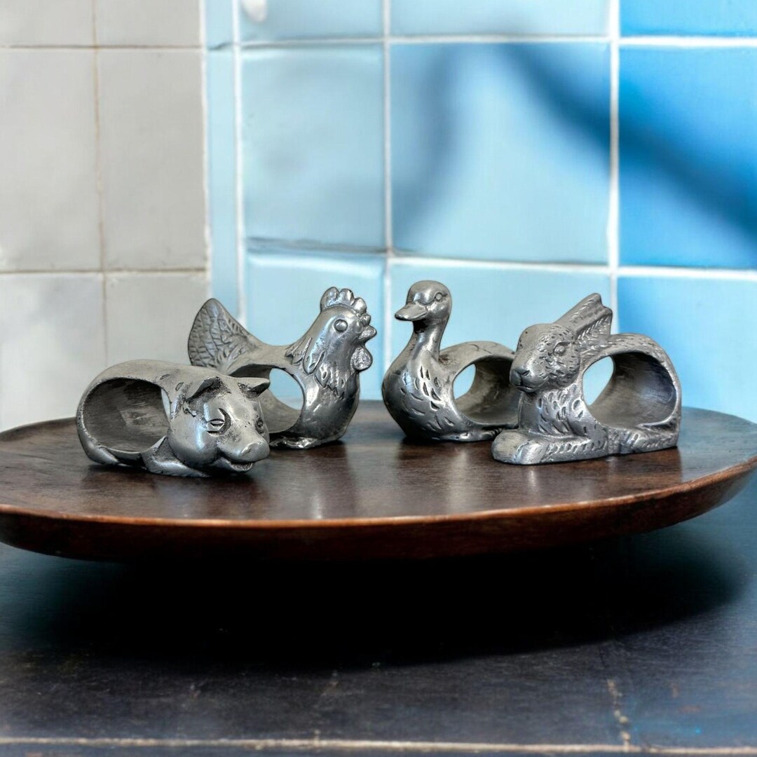 Vintage Pewter Napkin Rings, Farm Animals, Duck, Pig, Chicken, Rabbit ...
