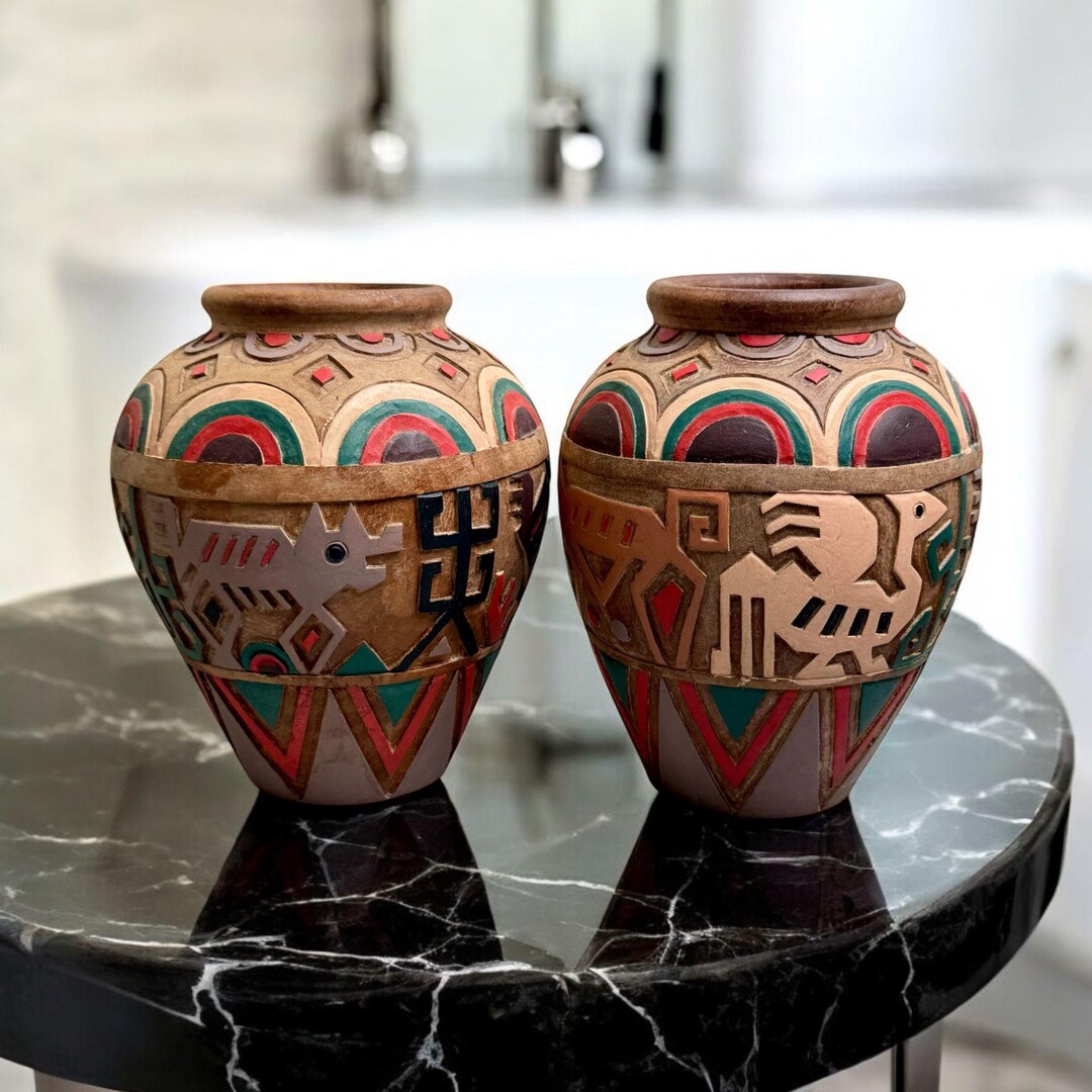 Handcrafted Peruvian Vases, Geometric Animal Motifs, Earth Tones 9 Tall ...