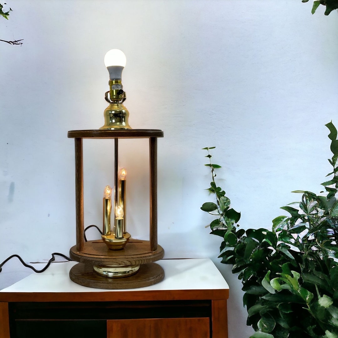 Vintage Oak Wood Oval Table Lamp 3-way Candle Base - Etsy
