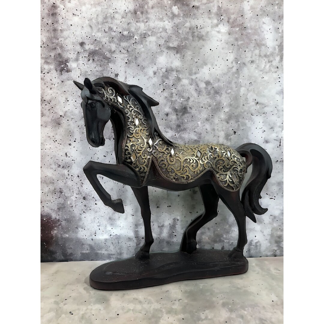 Black Carved Wood Friesian Horse Statue With Fancy Decorative Golden ...
