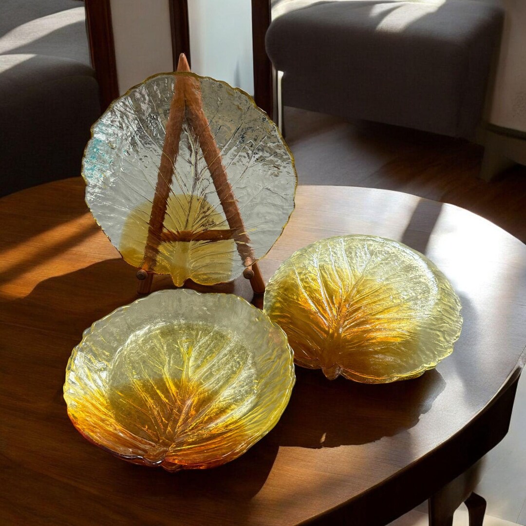 Vintage Indiana Glass Plate Set of 7 Cabbage Leaf Pattern Amber Color ...