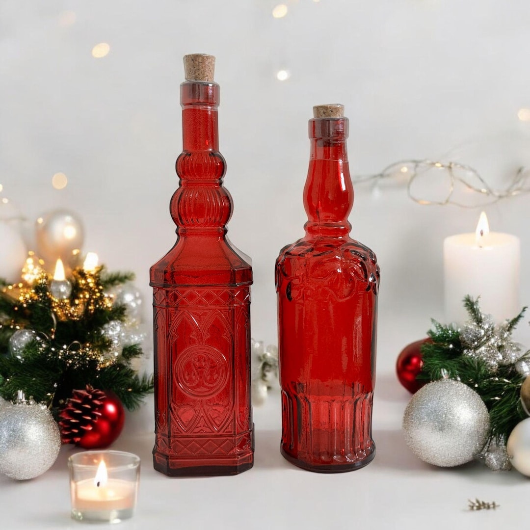 Vintage Pair of Bohemian Spanish Red Glass Bottles, Decorative Stoppers ...